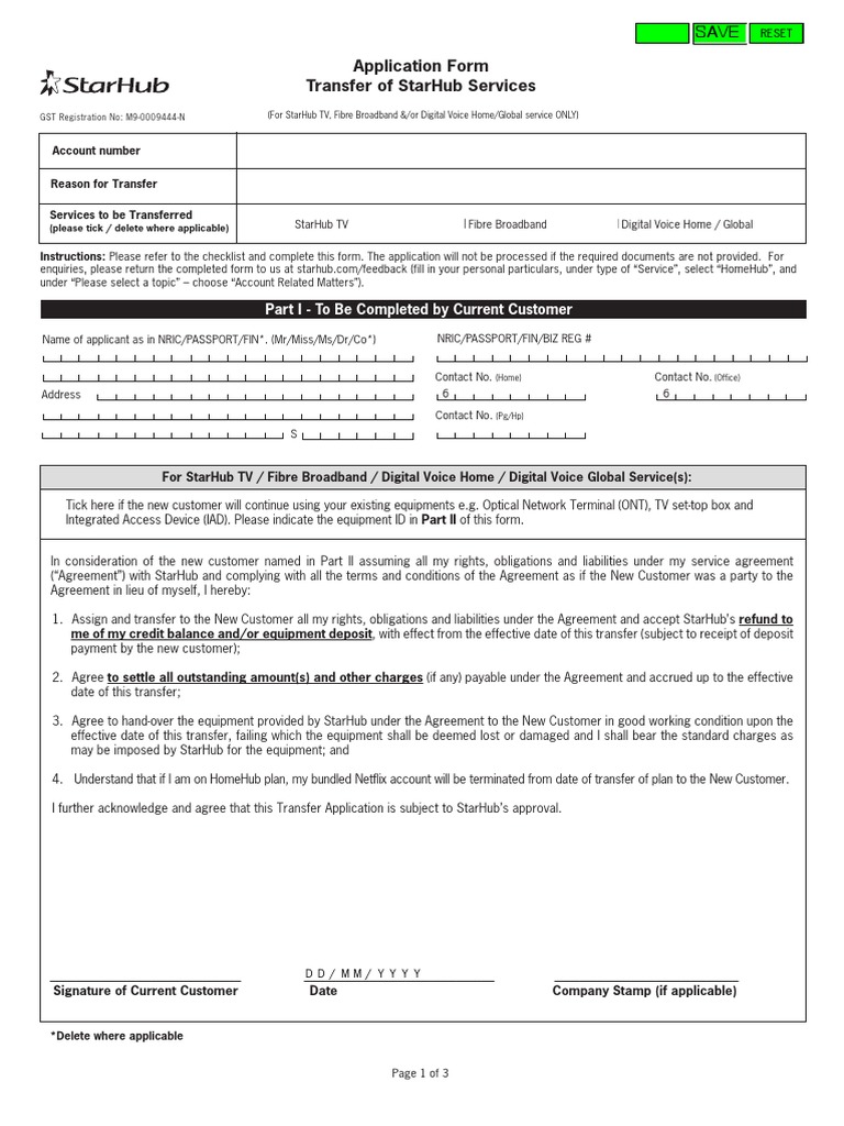 Application Form Transfer of StarHub Services | PDF