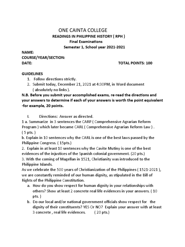 Philippine History Final Exam Guidelines | PDF | Defamation | Ethical ...