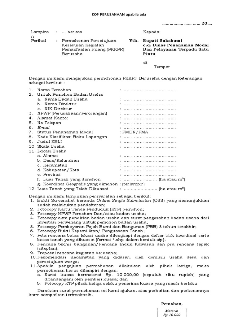 FROMAT SURAT PERMOHONAN PKKPR Berusaha | PDF
