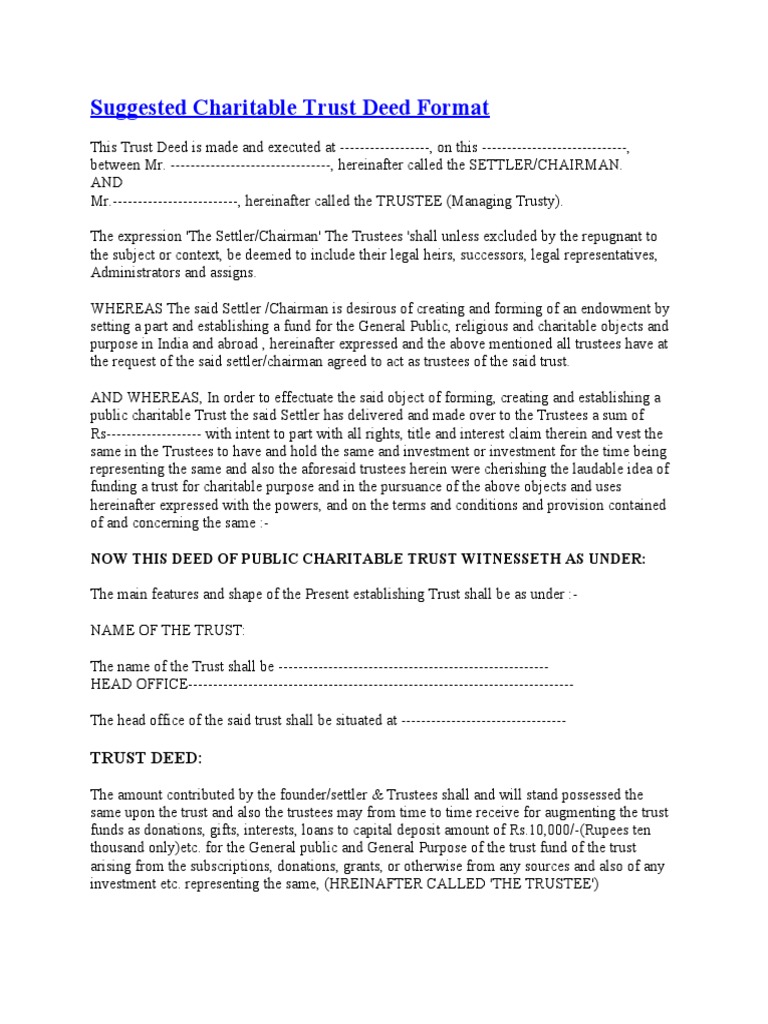 Charitable Trust Deed Format | PDF