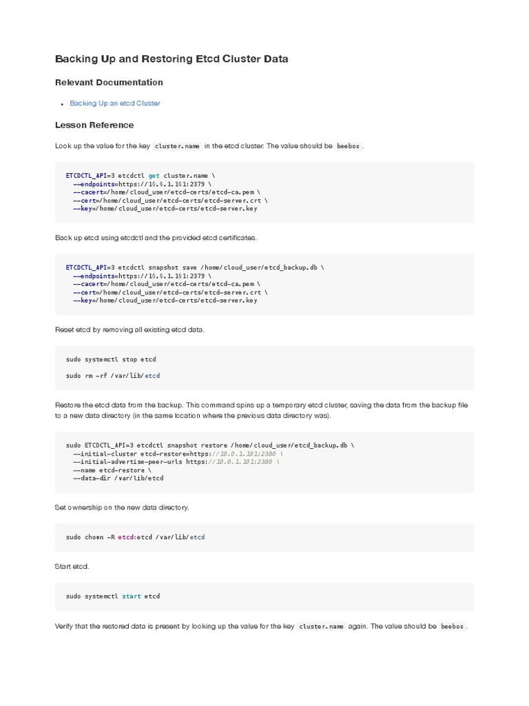 Etcd Cluster Backup and Restore Guide | PDF
