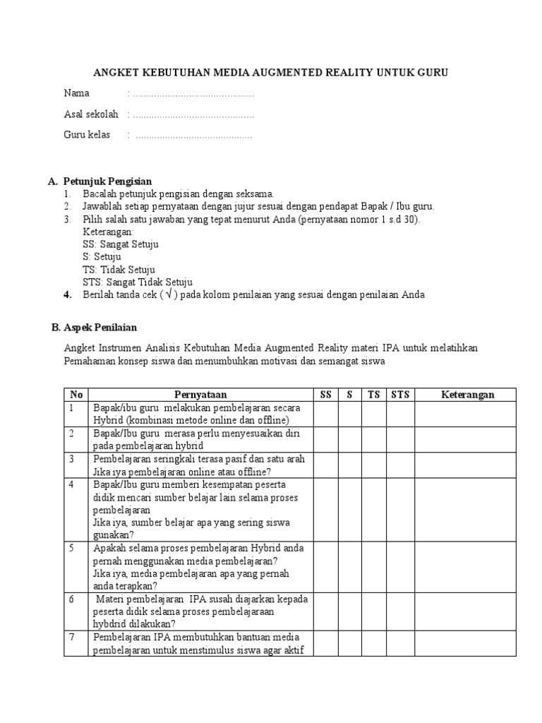Angket Kebutuhan Media Augmented Reality | PDF