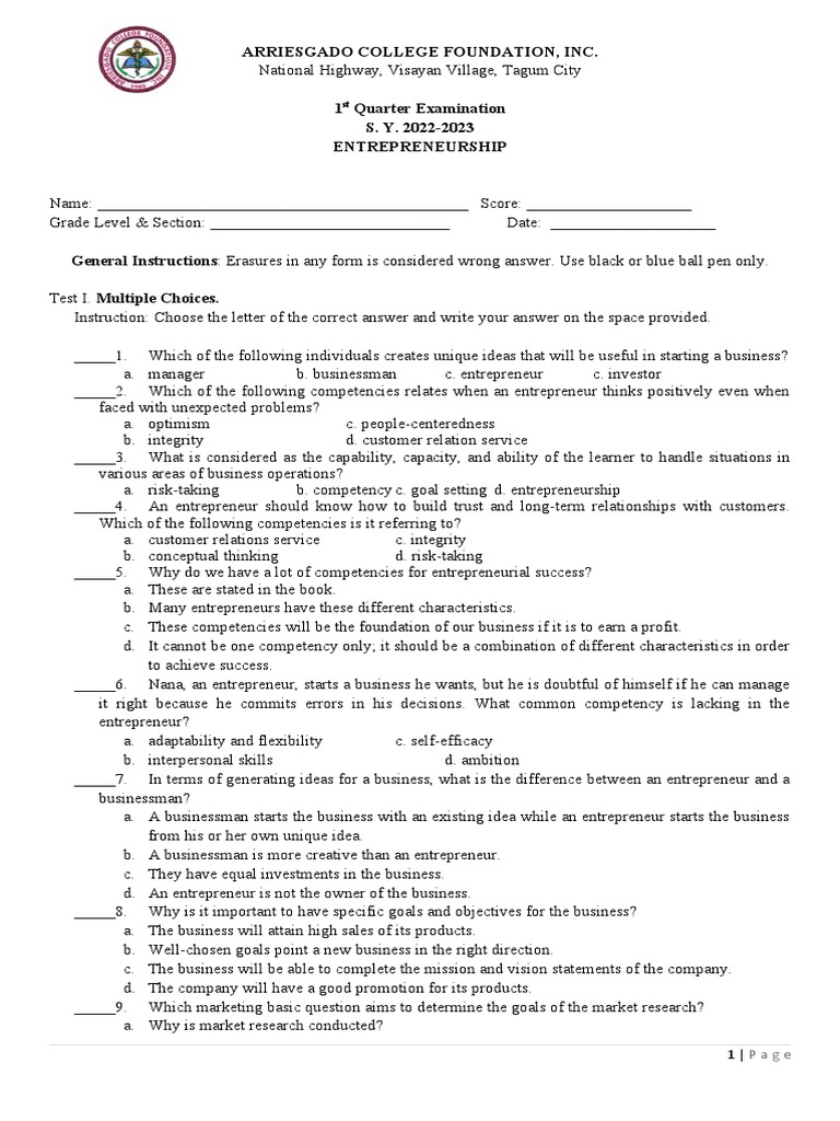 Entrep-1st Quarter Examination | PDF