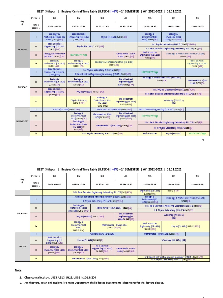 IIEST, Shibpur Revised Timetable for B.Tech 1st Sem AY 2022-23 | PDF | Science | Engineering