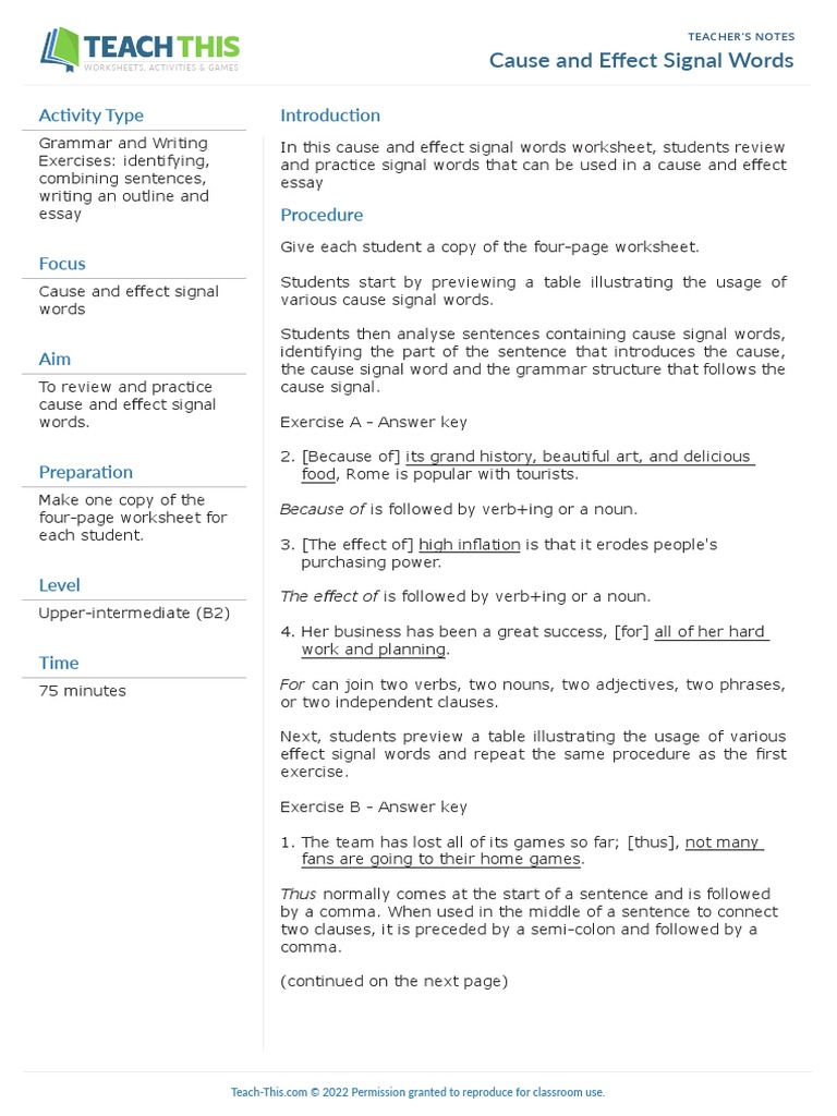 Cause And Effect Signal Words PDF Sentence Linguistics Noun