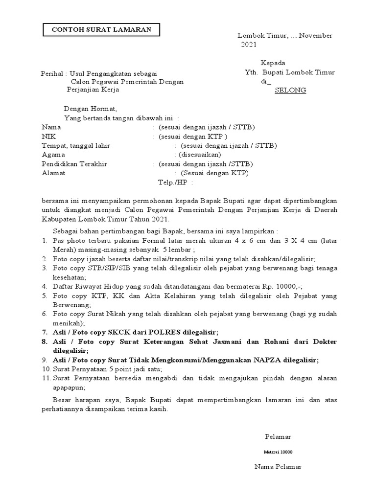 Format CONTOH SURAT LAMARAN PPPK | PDF