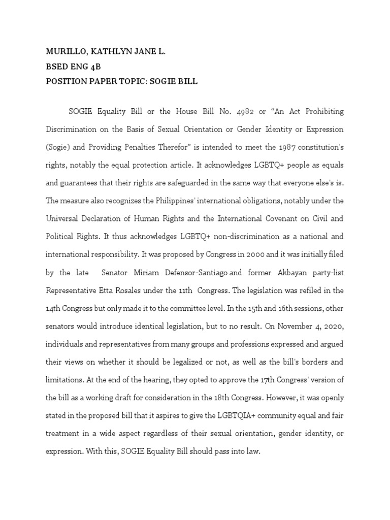 Position Paper Sogie Bill Murillo | PDF | LGBTQIA+ Studies | Lgbt