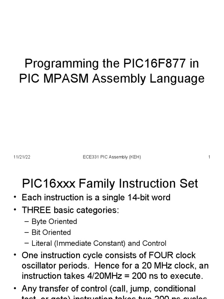 Programming The PIC16F877 in PIC MPASM Assembly Language | PDF ...