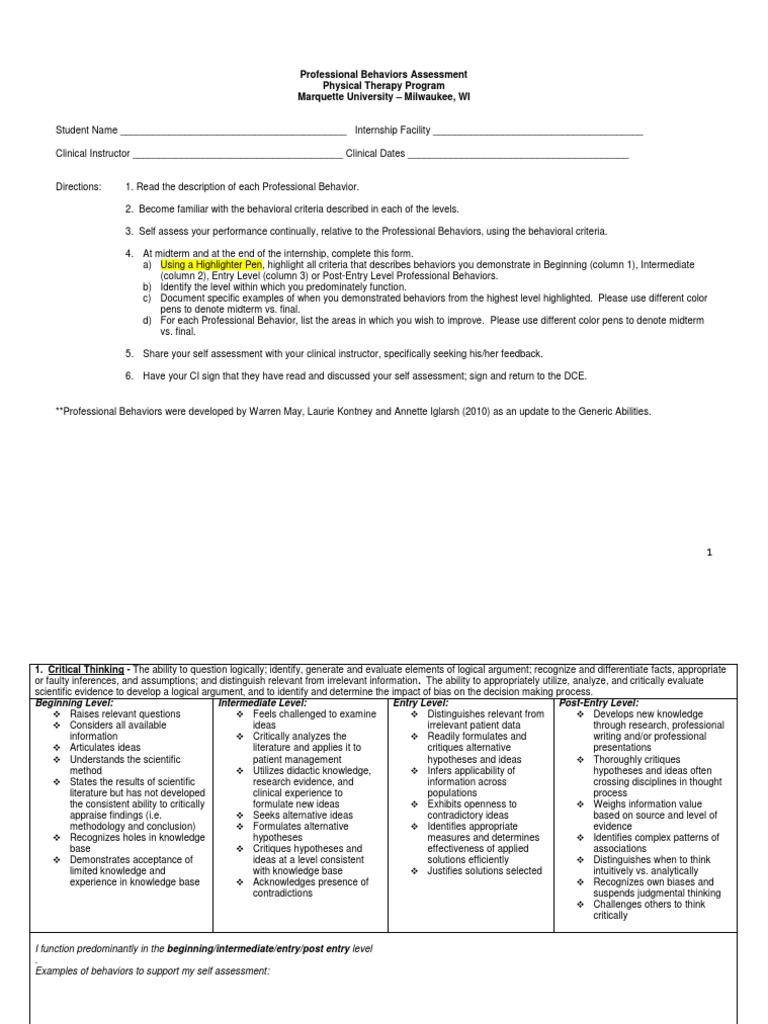 Professional Behaviors Student Self Assessment | PDF | Communication ...