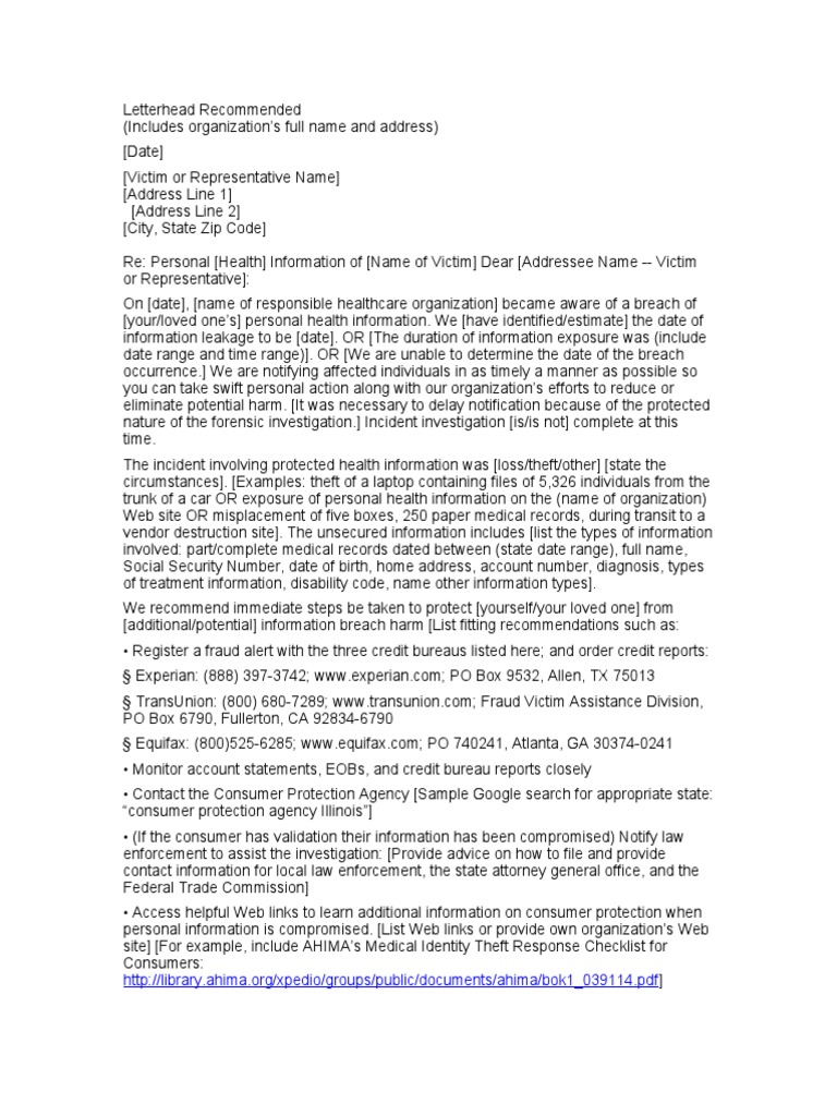 Health Information Breach Notification Letter | PDF | Justice | Crime ...