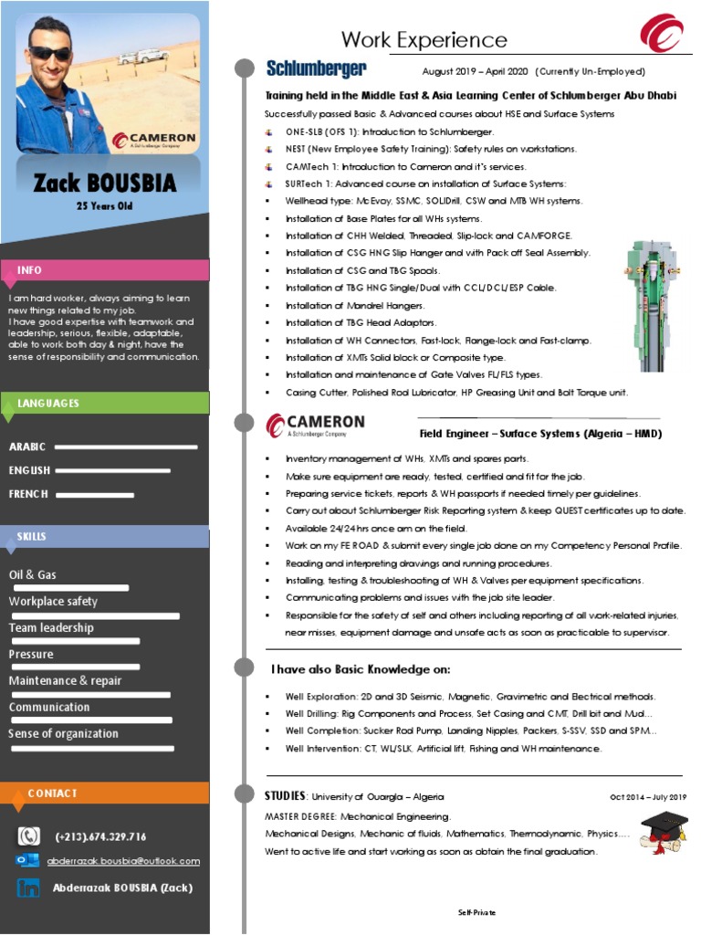 Zack Bousbia's Resume Detailing Work Experience in Surface Systems Installation and Maintenance ...