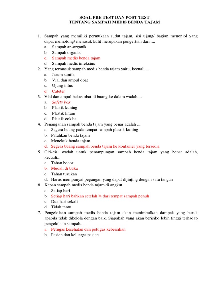 Soal Pre Test dan Post Test Sampah Medis | PDF | Kesehatan Holistik