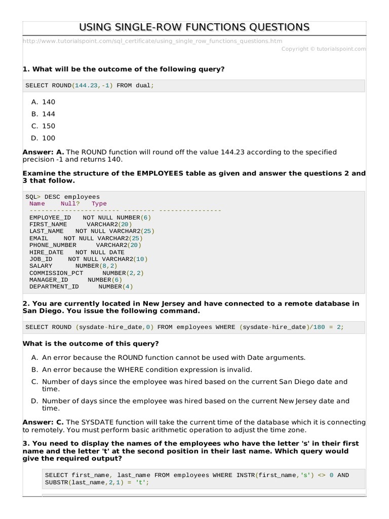 Using Single Row Functions Questions Pdf Parameter Computer