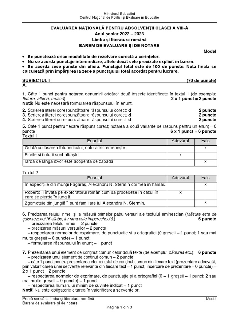 En VIII 2023 Limba Si Literatura Romana Bar Model | PDF