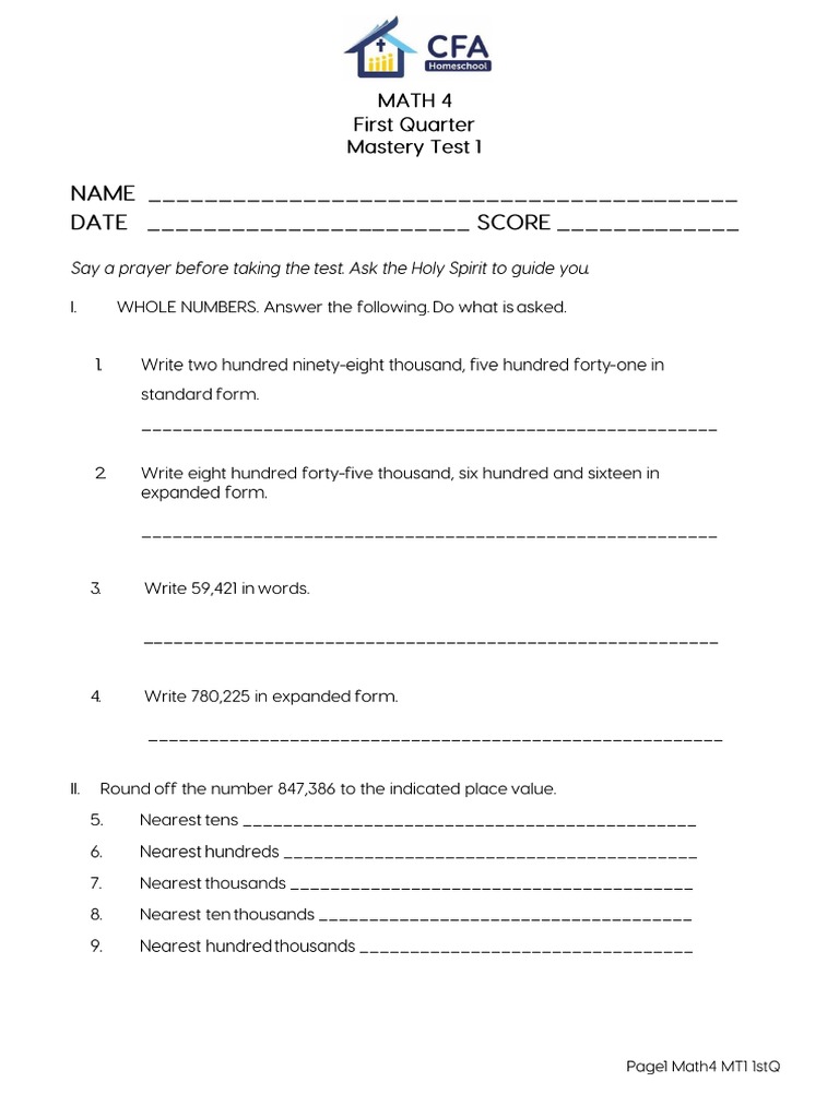 (MATH 4) Mastery Test #1 | PDF