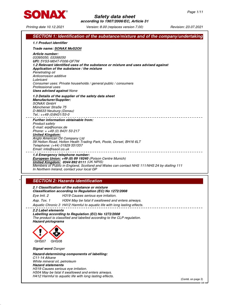 Sonax SDS | PDF | Dangerous Goods | Toxicity