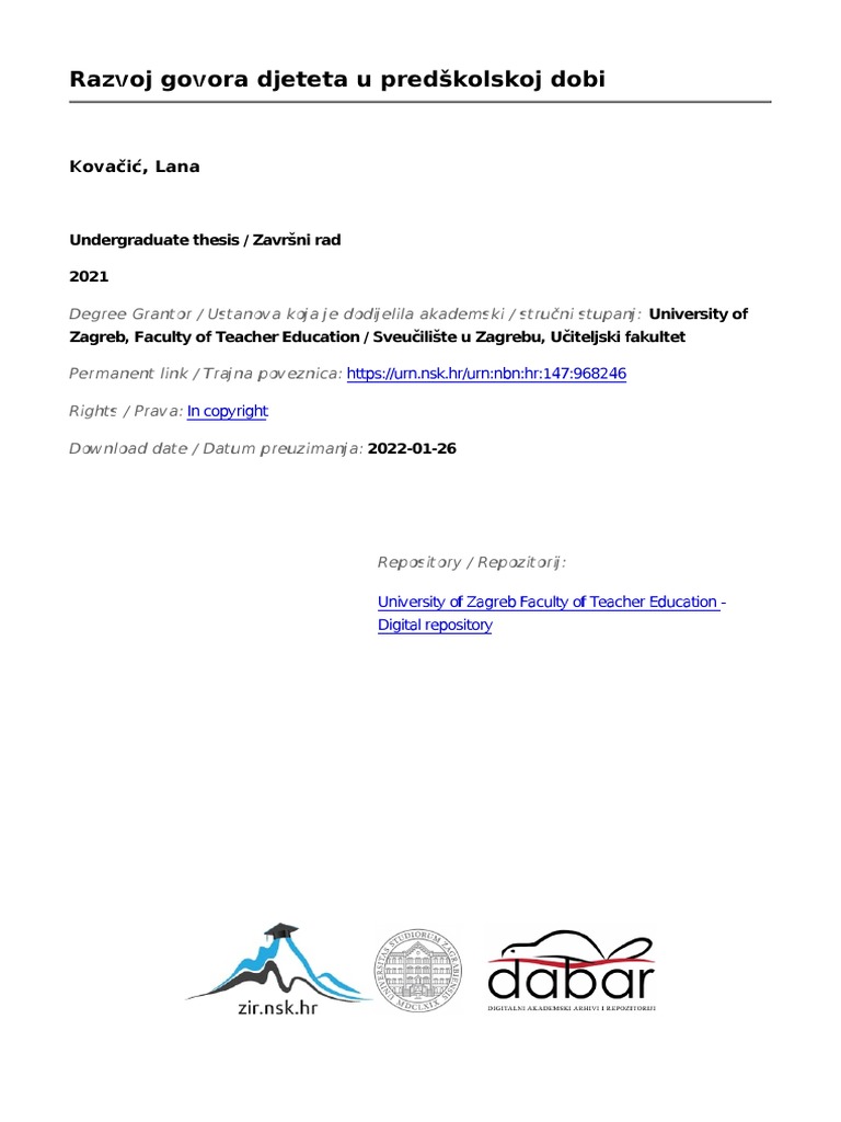 Razvoj Govora Djeteta U Predskolskoj Dobi-Lana Kovacic | PDF