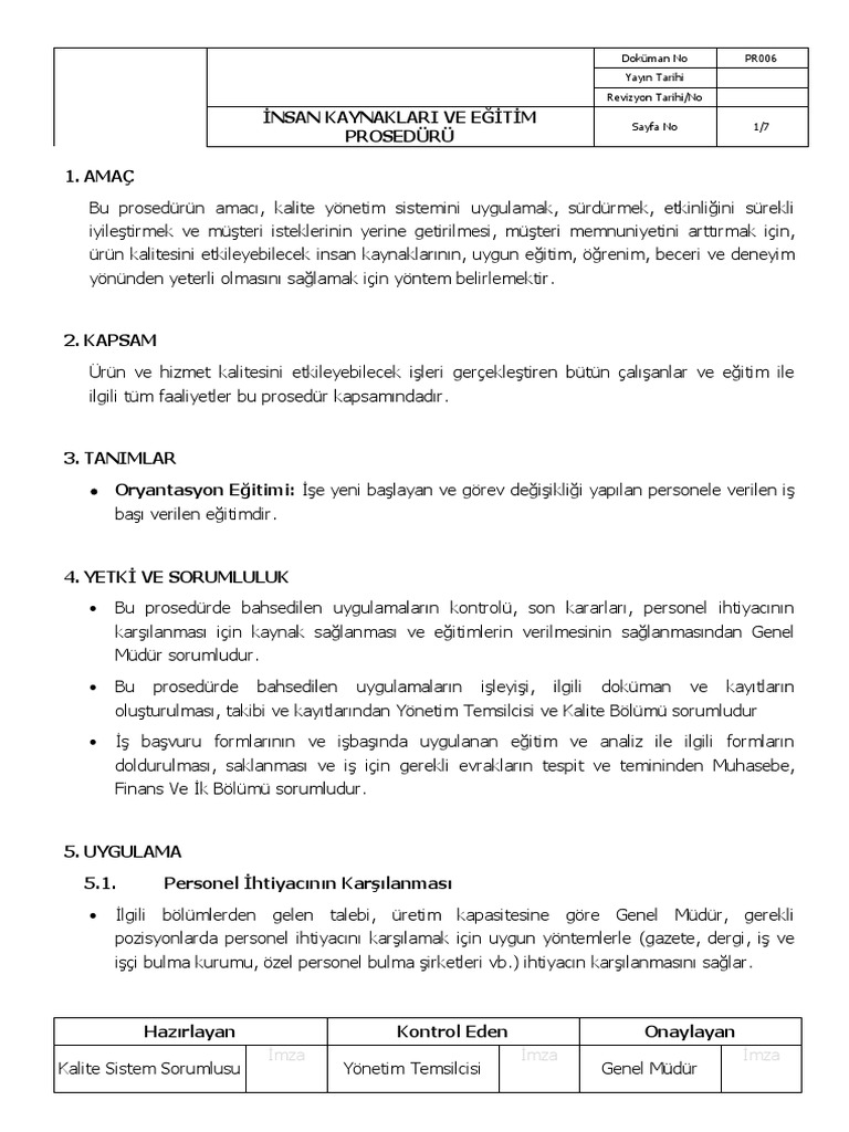 PR006 İnsan Kaynakları Ve Eğitim Prosedürü | PDF