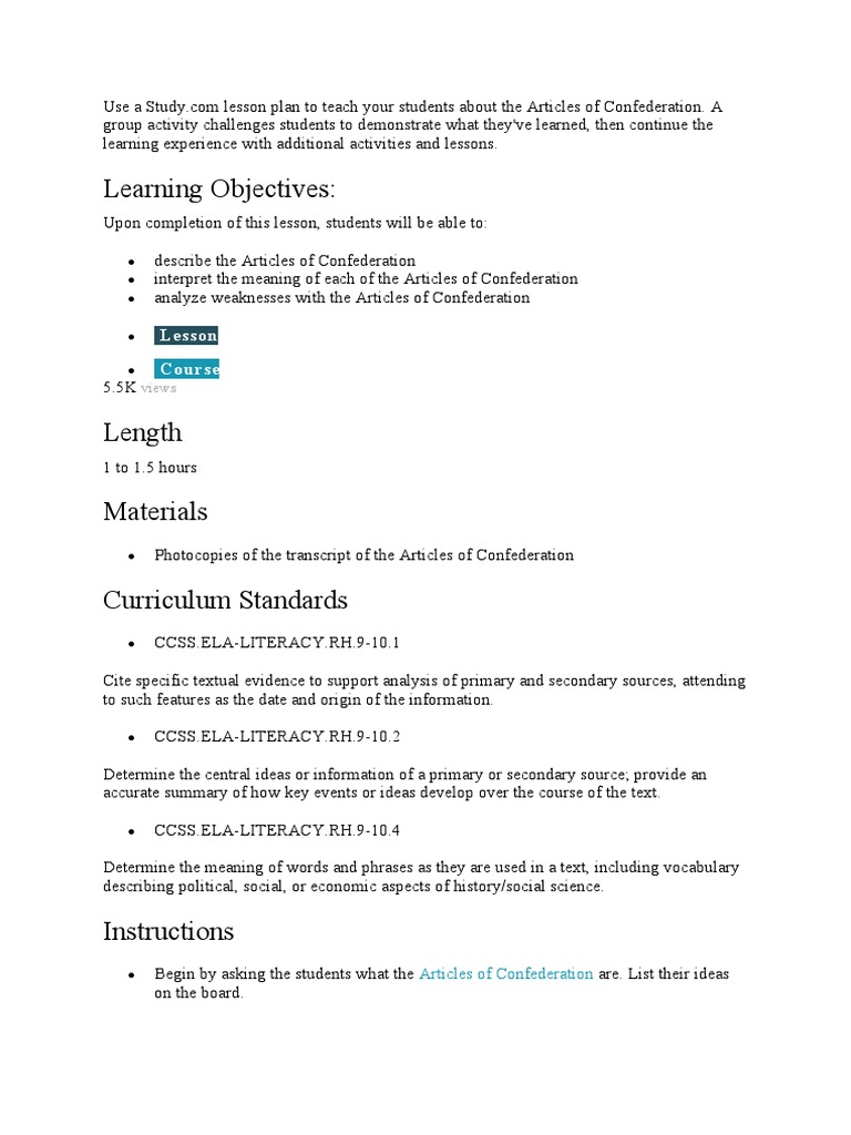 Articles of Confederation Lesson Plan | PDF