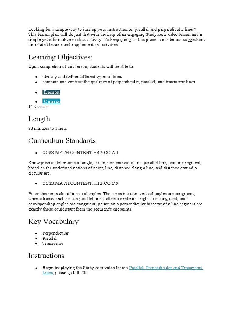 Parallel & Perpendicular Lines Lesson Plan | PDF Parallel & Perpendicular Lines Lesson Plan | PDF