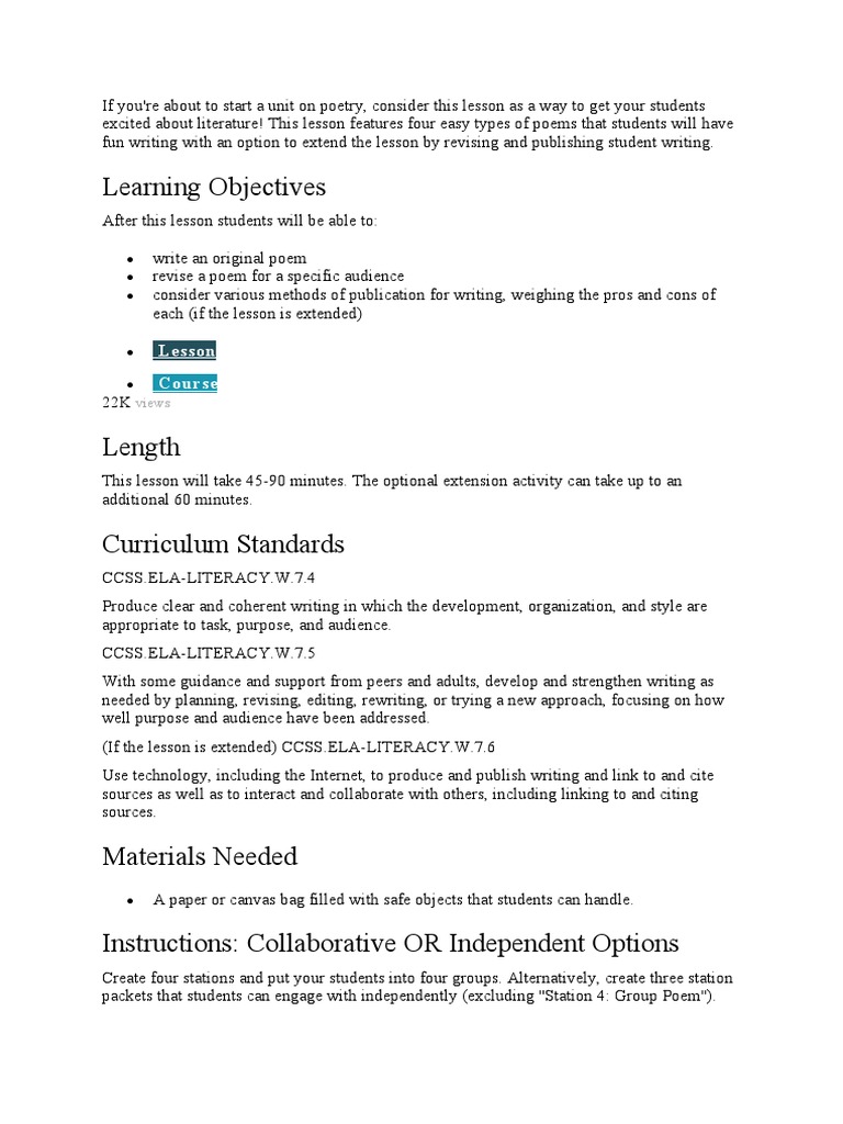 Writing Poetry Lesson Plan | PDF | Poetry | Lesson Plan