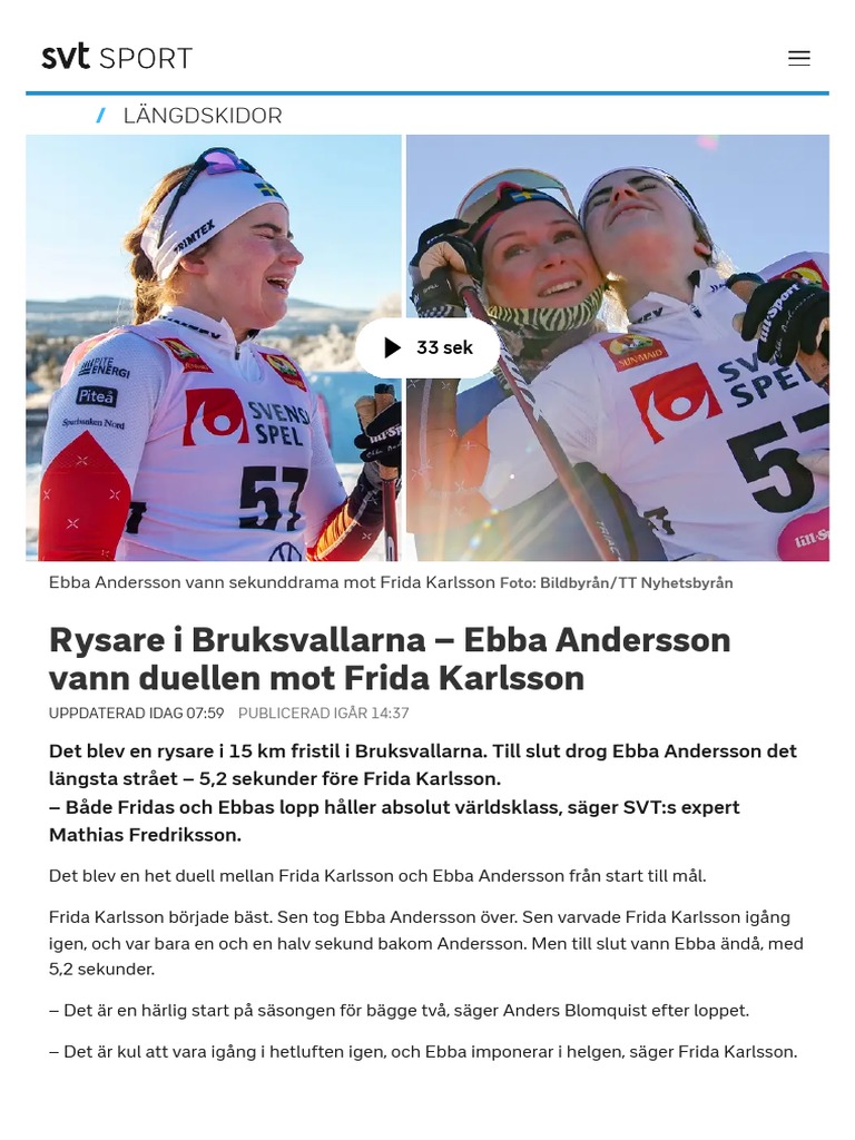 Rysare I Bruksvallarna - Ebba Andersson Vann Duellen Mot Frida Karlsson - SVT Sport | PDF