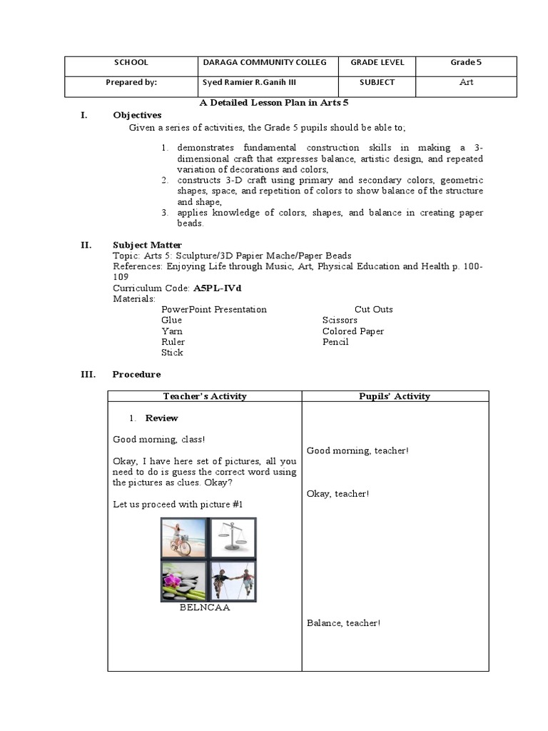 Detailed Grade 5 Arts Lesson Plan | PDF