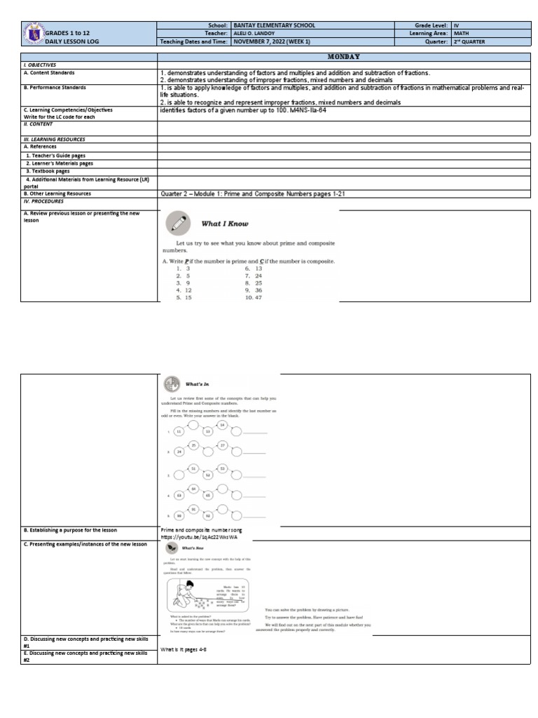 DLL Math 4 q2, w1, d1 | PDF | Learning | Teachers