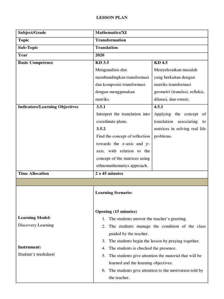 Lesson Plan Ethnomathematics About Translation (RPP Etnomatematika Translasi) | PDF | Teachers ...