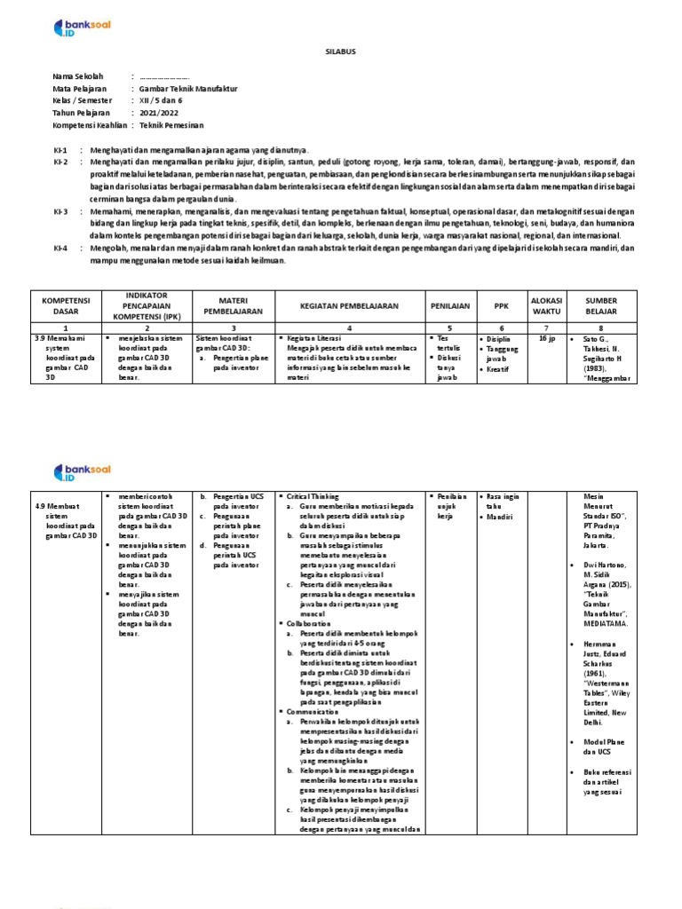 Silabus Gambar Teknik Manufaktur Kelas Xii Tahun 2021 2022 | PDF