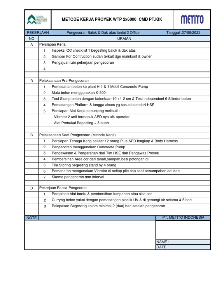 Metode Kerja Resmi Kik Cor Balok, Dak LT 2 Office | PDF