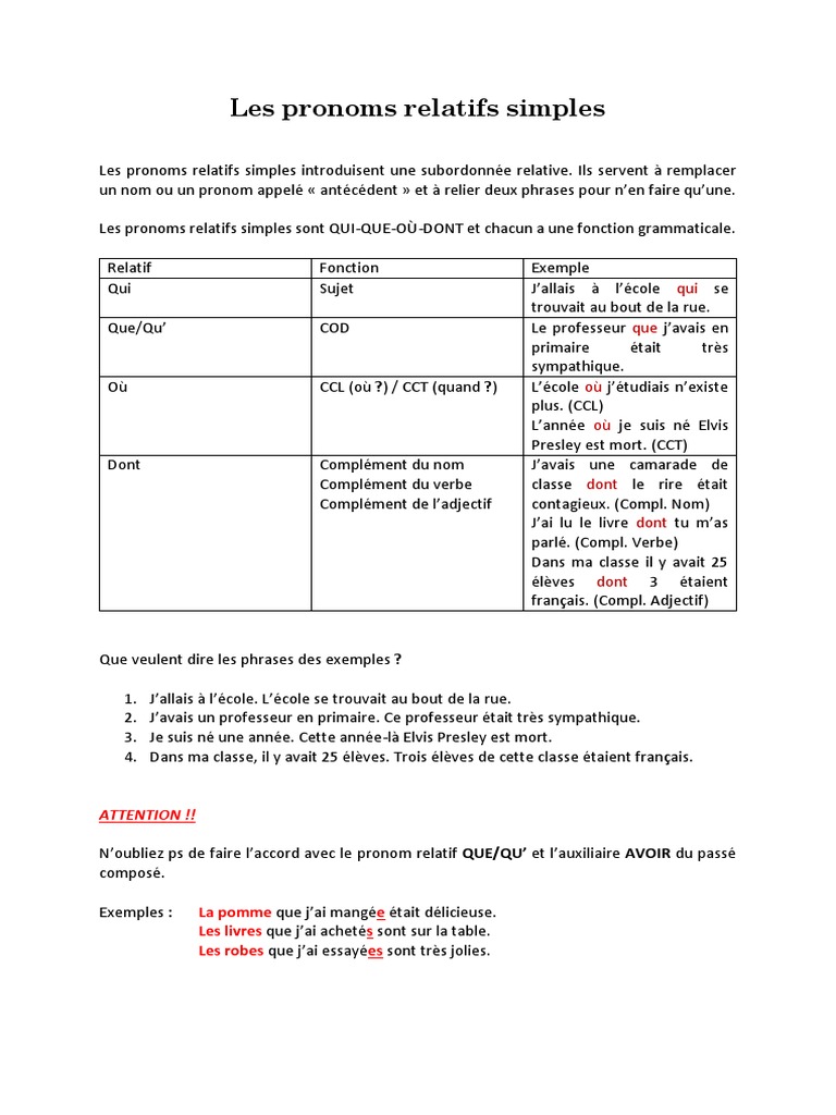 Pronoms relatifs simples en français | PDF | Pronom | Sujet (Grammaire)