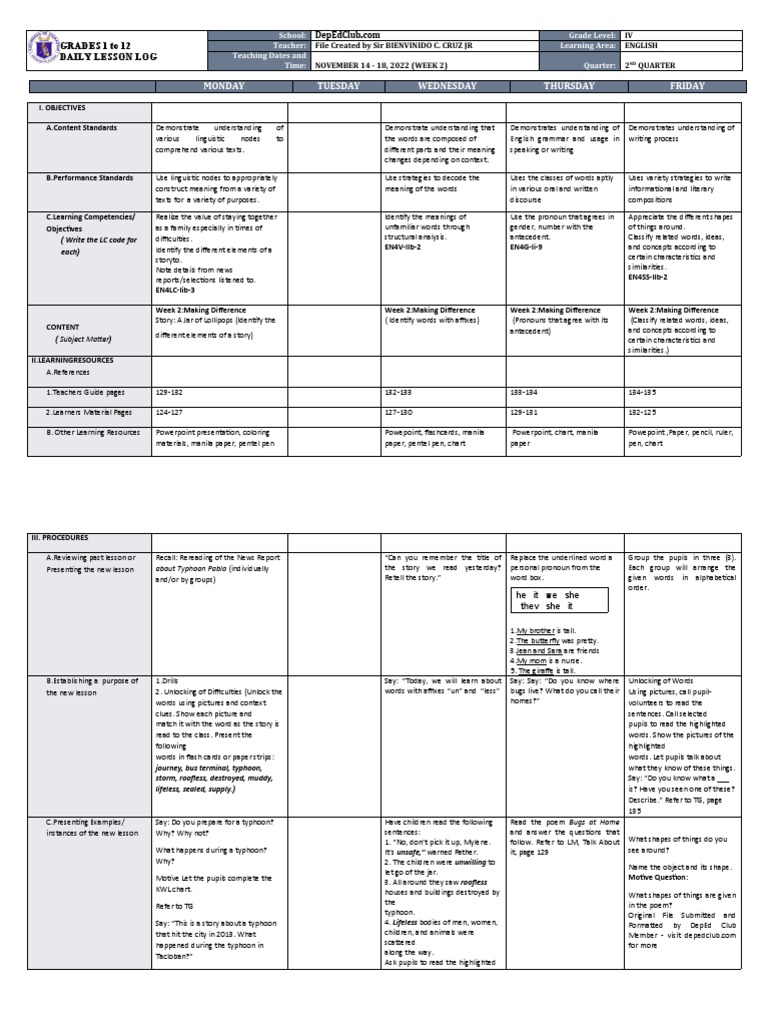 DLL - English 4 - Q2 - W2 | PDF