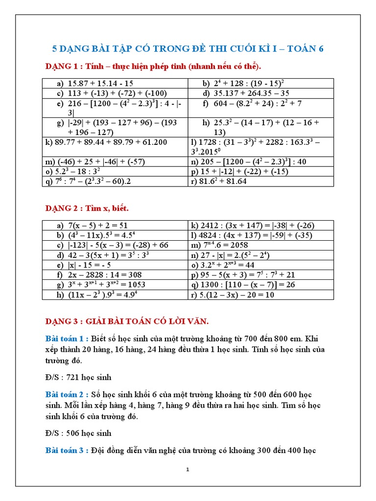 TOAN 6 - HK1 - 5 DẠNG BÀI TẬP CÓ TRONG ĐỀ THI CUỐI KÌ I | PDF