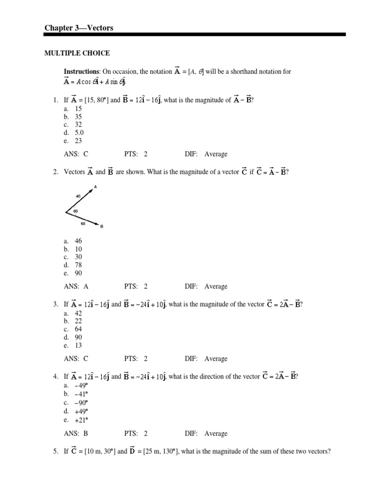 Chapter 3-Vectors: Multiple Choice Instructions: On Occasion, The ...