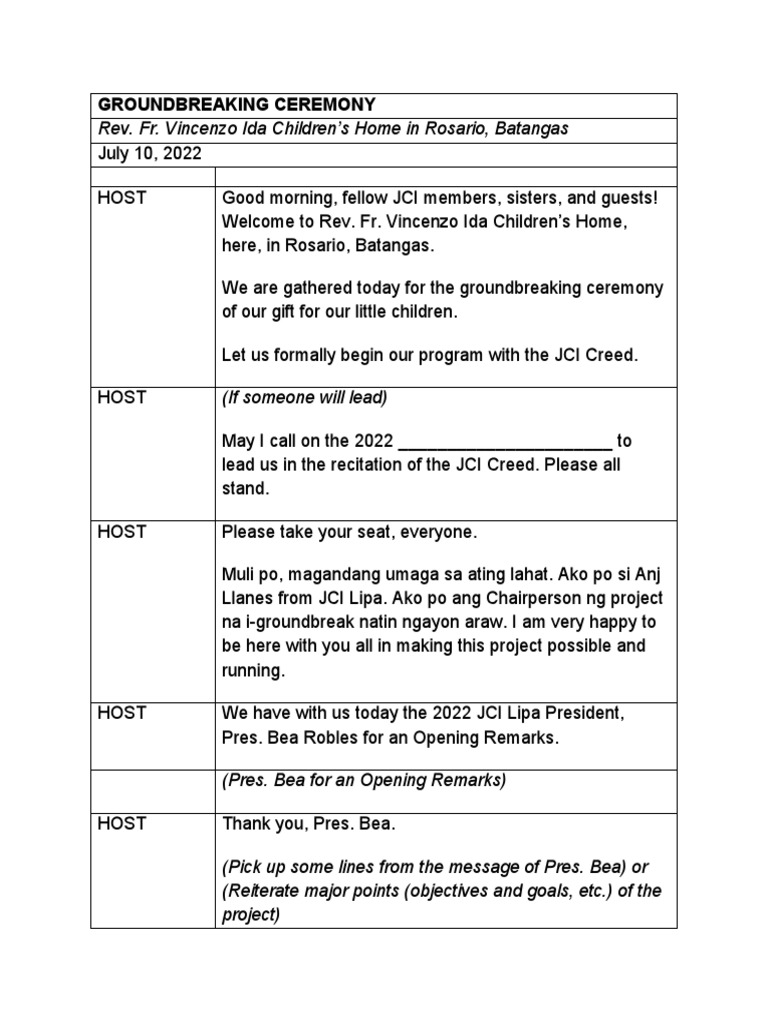 GROUNDBREAKING CEREMONY Script | PDF