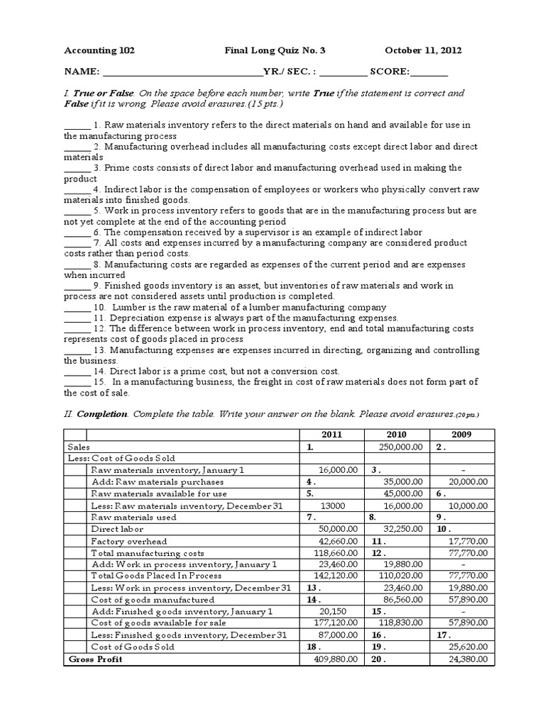 Manufacturing Quiz | PDF | Inventory | Expense