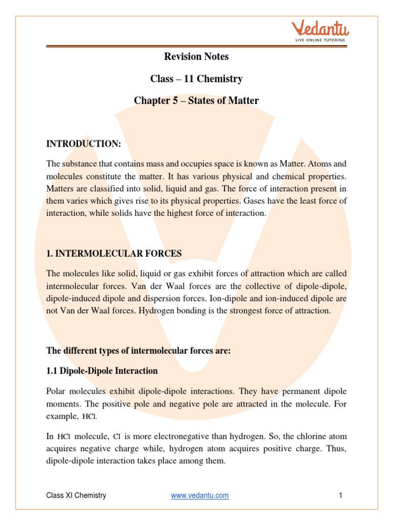 Class 11 Chemistry Revision Notes States of Matter | PDF