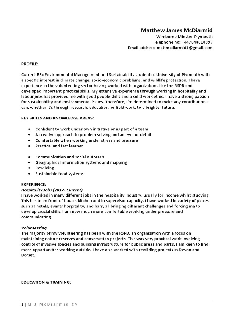 Matthew Mcdiarmid CV | PDF | Sustainability | Environmental Resource ...