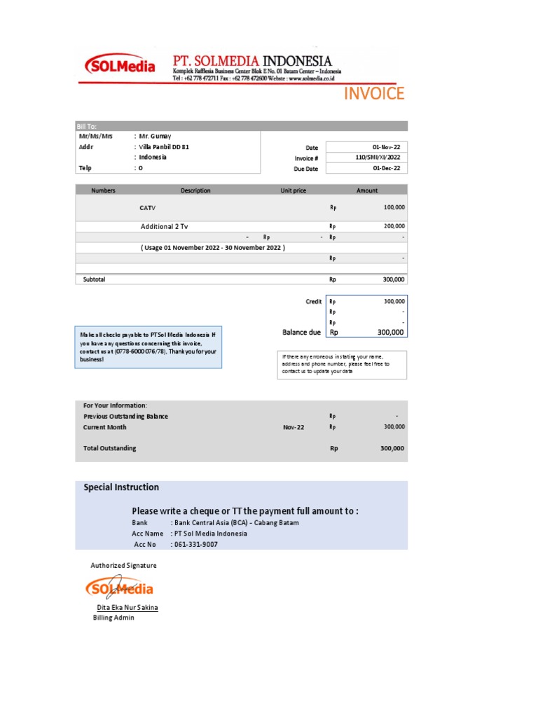 Invoice 110/SMI/XI/2022 for CATV Services | PDF | Cheque | Business