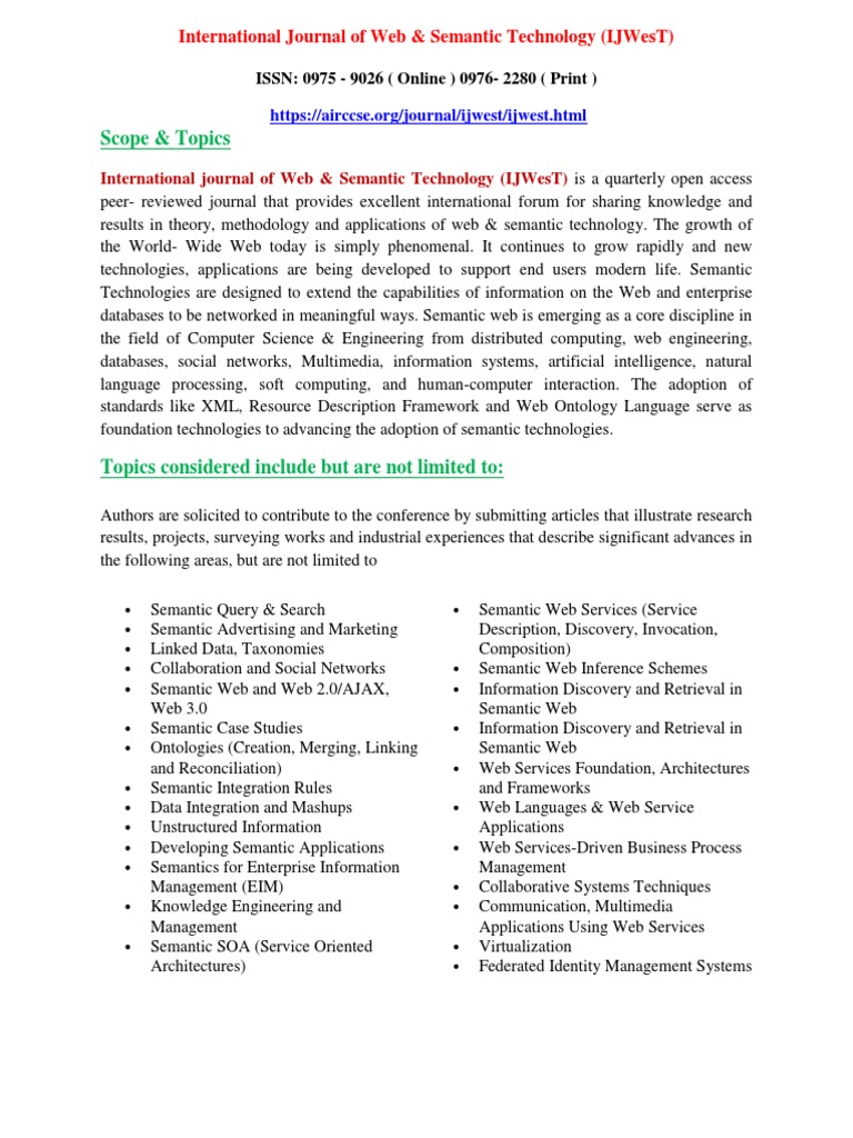 Call For Papers - International Journal of Web & Semantic Technology (IJWesT) | PDF | Computers