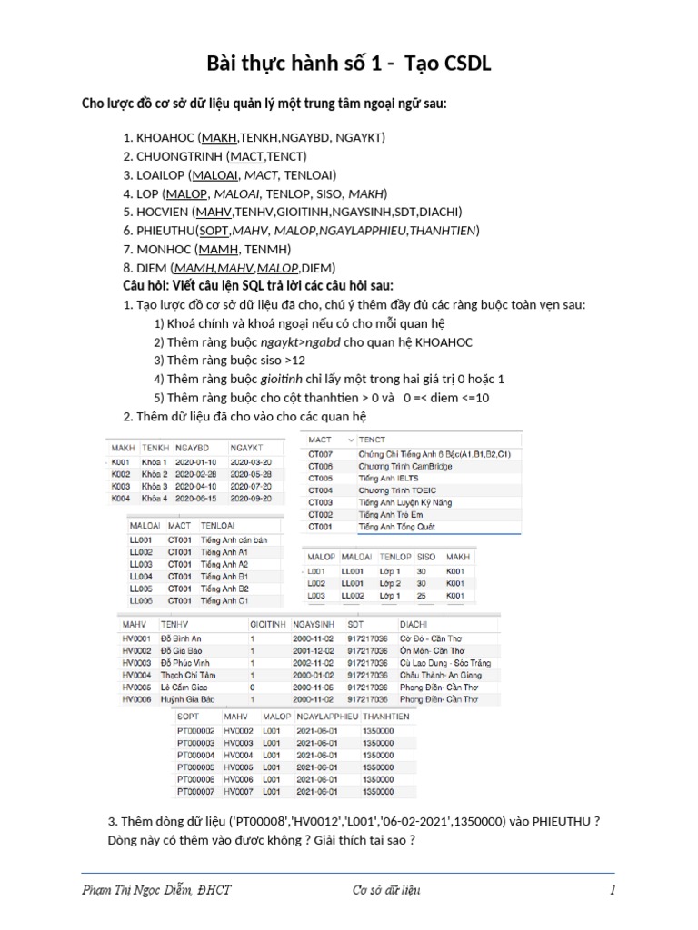 Bài thực hành số 1 - Tạo CSDL: Cho lược đồ cơ sở dữ liệu quản lý một trung tâm ngoại ngữ sau | PDF