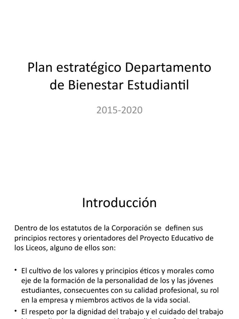 Plan Estratégico Departamento de Bienestar Estudiantil 2015 | PDF | Método de enseñanza ...