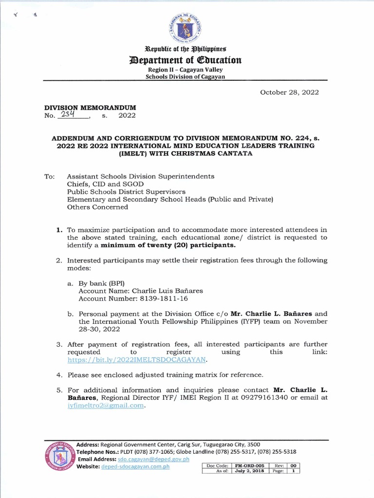 DVM No. 234 S. 2022 Addendum and Corrigendum To Division Memorandum No ...