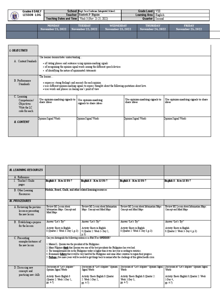DLL English 8 Q2 Week 3 | PDF