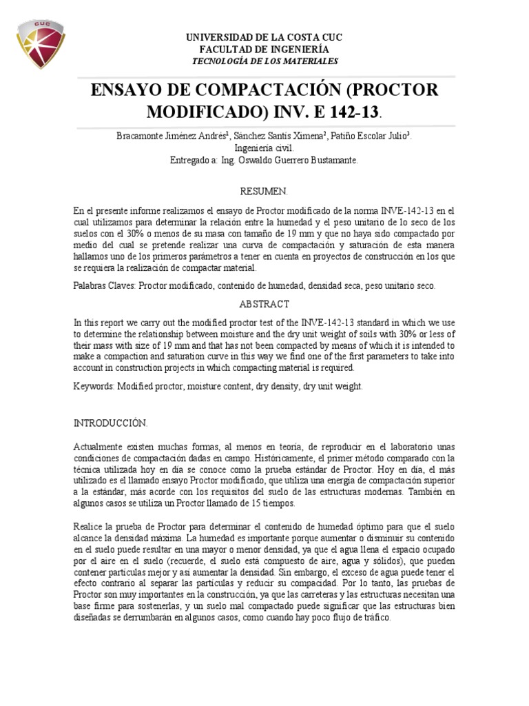 Ensayo de Compactación Proctor Mod | PDF | Densidad | Agua