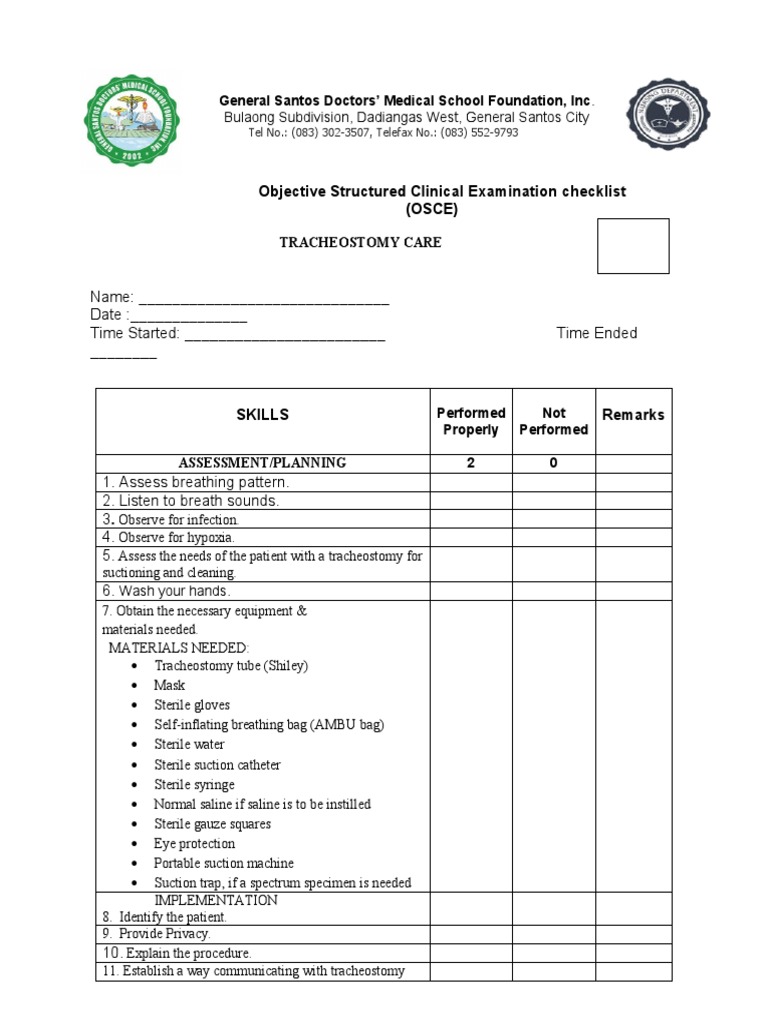 Tracheostomy Care OSCE Checklist | PDF | Breathing | Medicine