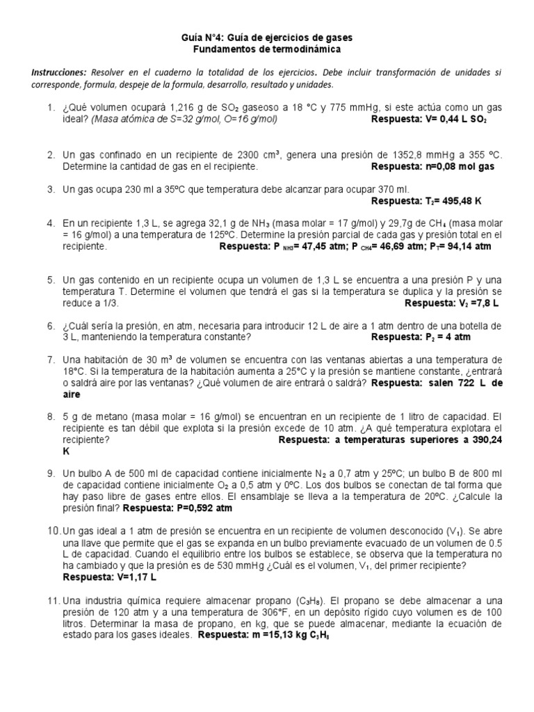 F. de Termodinamica Clase 9 GuÃ­a NÂ°4 gases | PDF | Gases | Temperatura