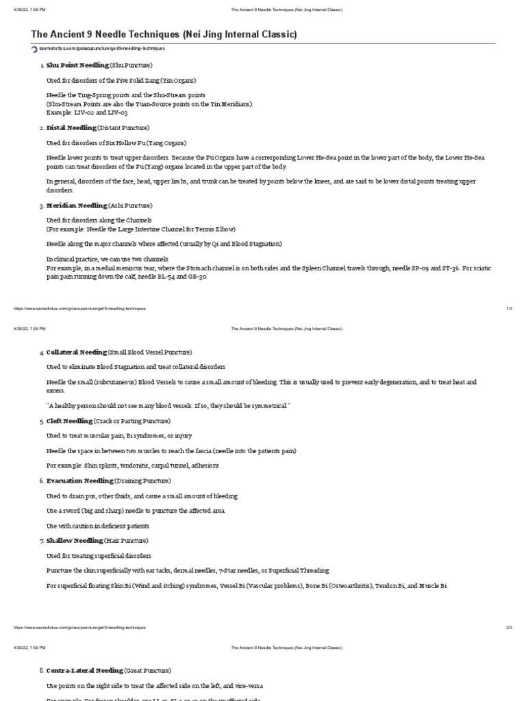 The Ancient 9 Needle Techniques (Nei Jing Internal Classic) | PDF ...