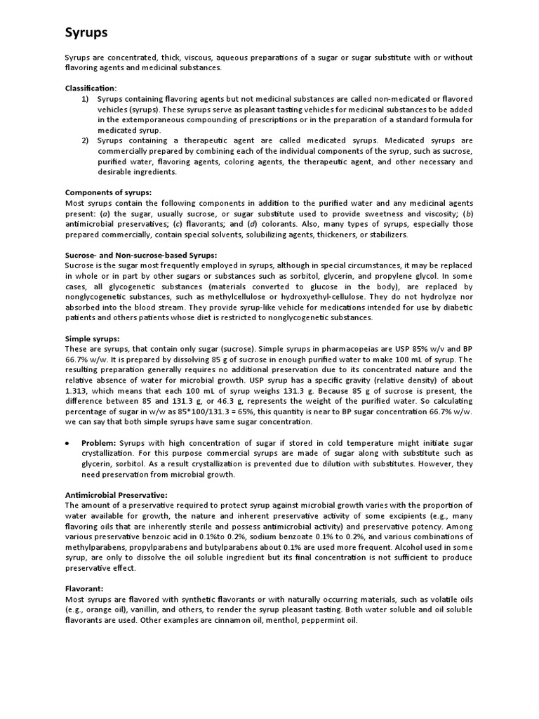 Pharamceutical Syrups | PDF | Sucrose | Syrup